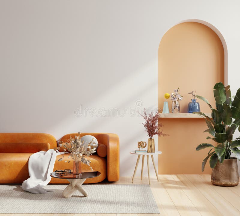 Simple Minimal Nordic Style Interior with Orange Leather Sofa and ...
