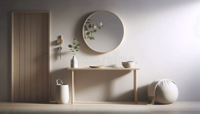 A Simple Minimalist Entryway with a Wooden Console Table, a Small ...