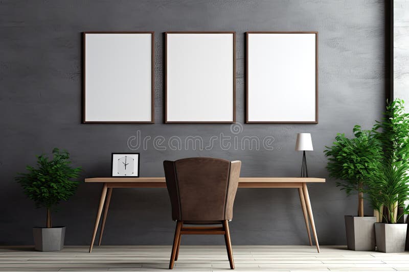 Simple Minimalist Office Room Setup with Three Empty Photo Frames on a ...
