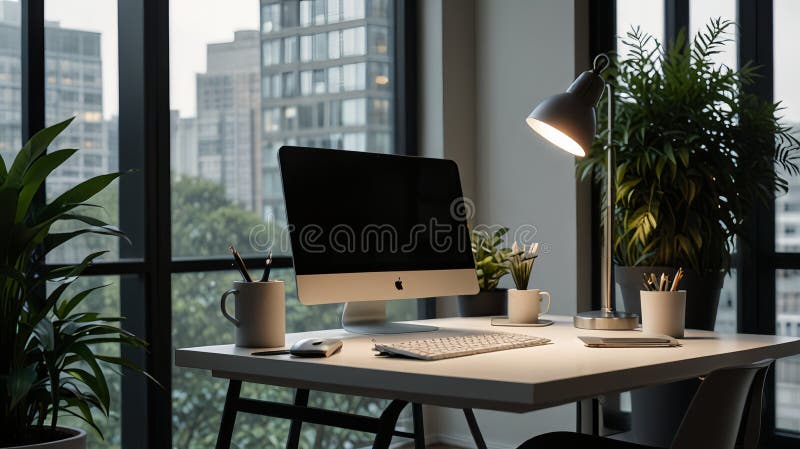 Simple and Modern Office Desk with Window View Stock Image - Image of ...