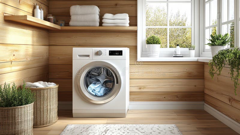 Compact Laundry Room with Small Washing Machine, Minimalist Design, and ...