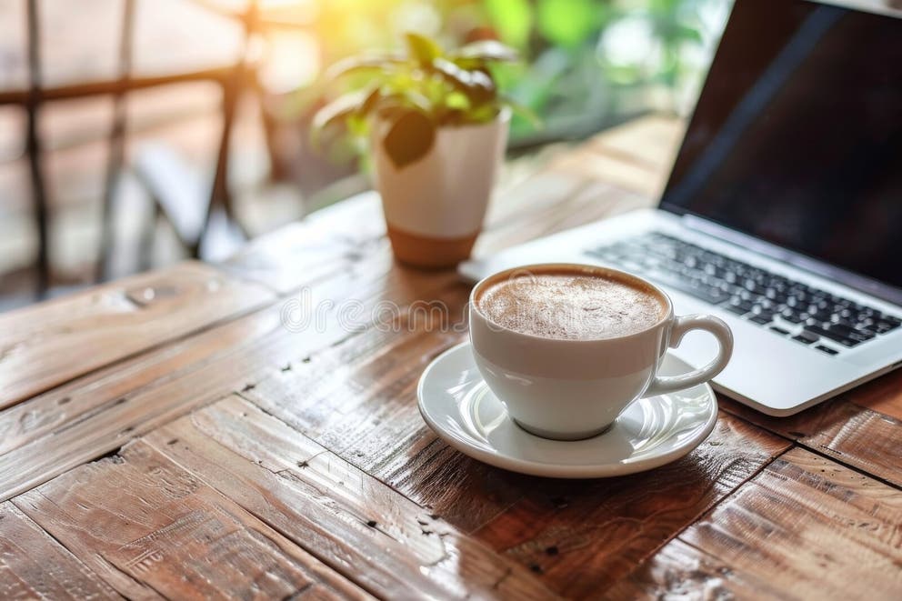 Simple Morning Work Desk with Laptop and Coffee. Stock Illustration ...