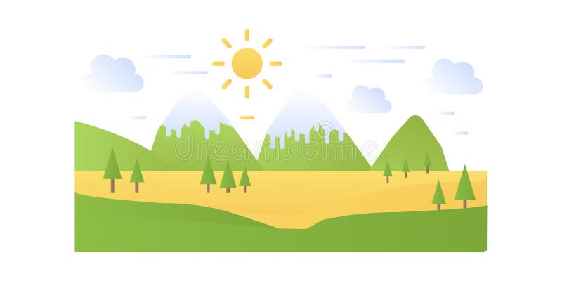 Simple Mountain Landscape, Plain and Field with Trees, Rocks on Horizon ...