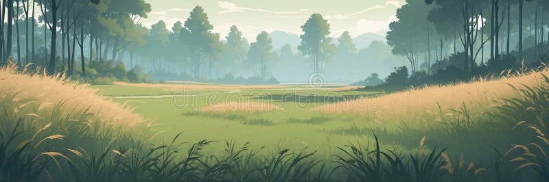 Simple Nature Scene of Windswept Meadow with Flowing Grass Elements ...