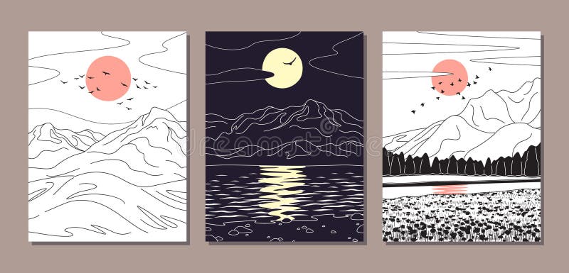 Simple Nature Scenes Set with Mountains Stock Illustration ...