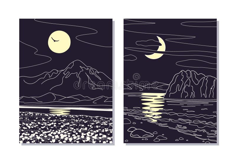 Simple Night Scenes with Mountains and Moon Stock Vector - Illustration ...