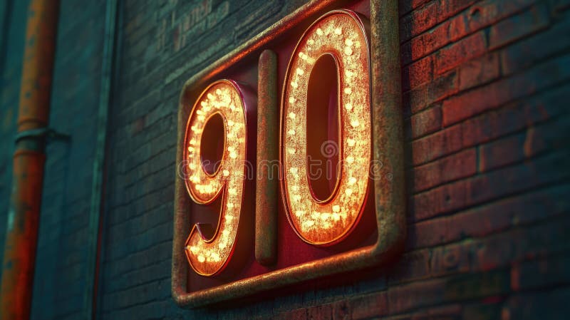 A Simple Numbered Sign on a Brick Wall with the Number 90 Lit Up Stock ...