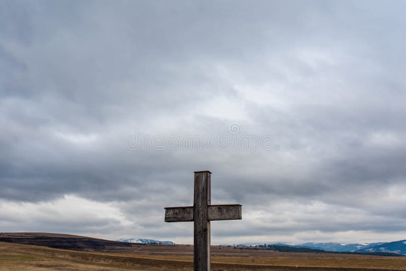 Simple Oak Catholic Cross on Focus, Dramatic Storm Clouds, Blue ...