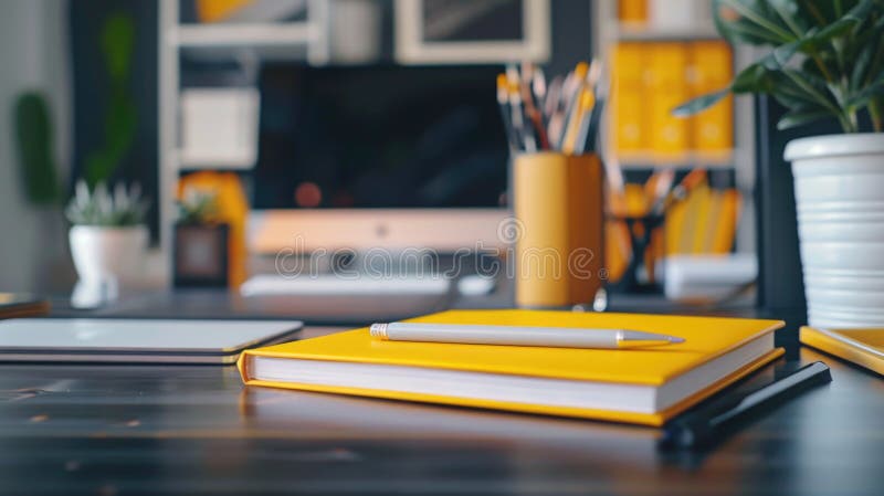 A Simple Office Desk Setup Featuring a Laptop, Notebook, and Pen Stock ...