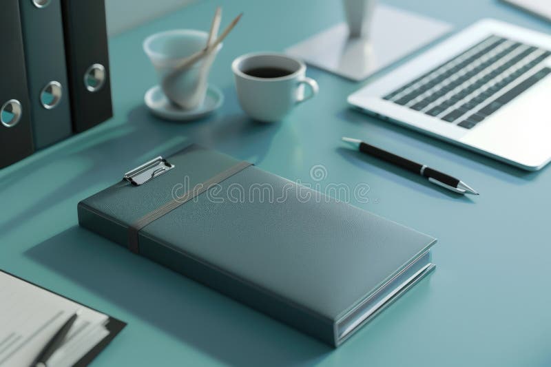 A Simple Office Desk Setup with a Notebook, Pen, and a Laptop Stock ...
