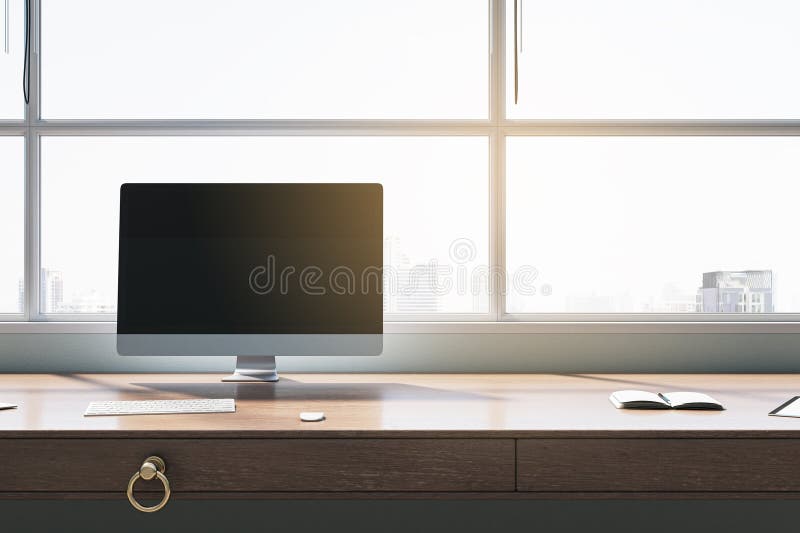 Simple Office Interior with Panoramic Windows and City View, Empty Mock ...