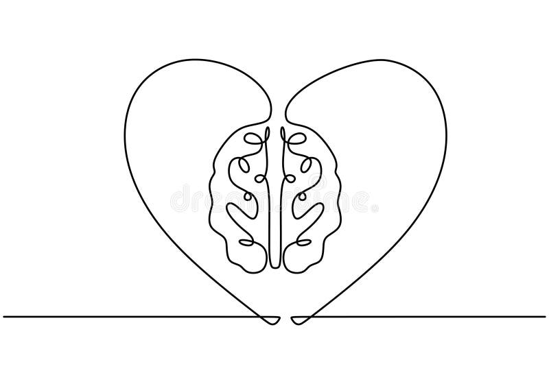 Simple One Line Drawing of a Brain Inside a Heart Symbol, Representing ...