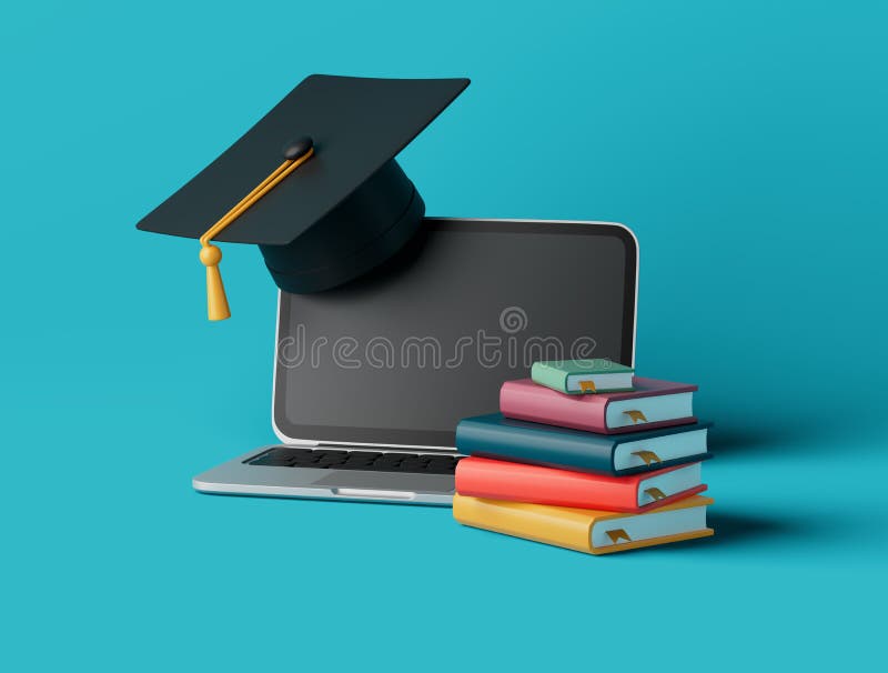 Simple Online Learning with Books, Graduation Cup and Laptop 3d Render ...