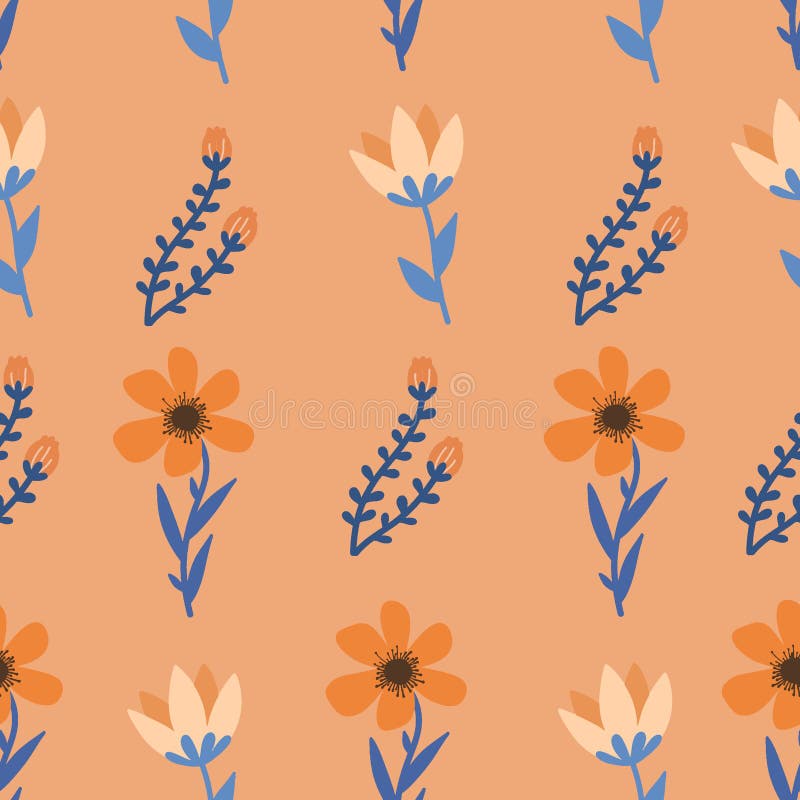 Simple Orange Flowers and Blue Leaves Seamless Pattern with Soft Orange ...