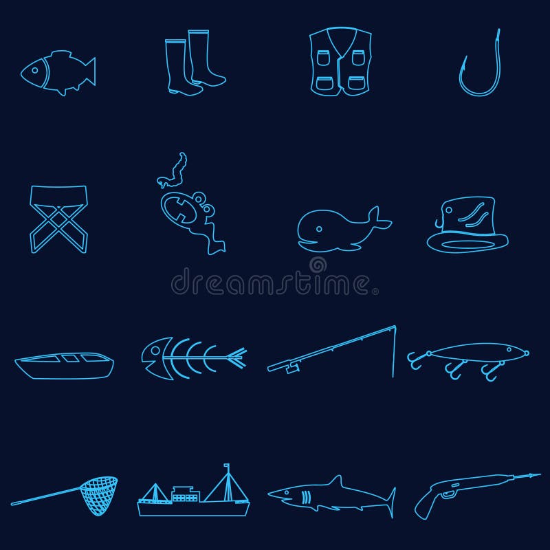 Simple Outline Blue Fishing Icons Set Eps10 Stock Vector - Illustration ...