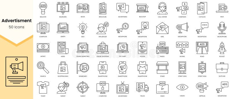 Simple Outline Set of Advertisment Icons. Linear Style Icons Pack Stock ...