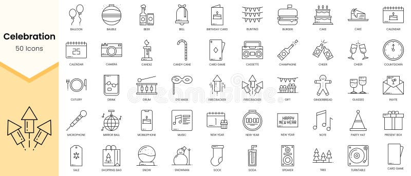 Simple Outline Set of Celebration Icons. Linear Style Icons Pack Stock ...