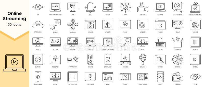 Simple Outline Set of Online Streaming Icons. Linear Style Icons Pack ...