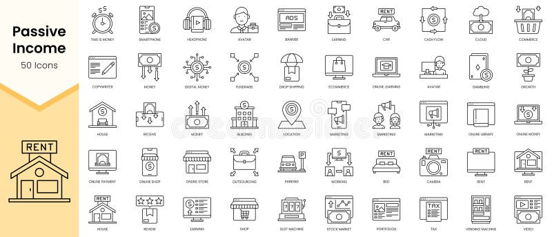 Simple Outline Set of Passive Income Icons. Linear Style Icons Pack ...