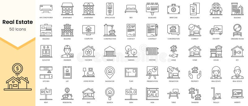 Simple Outline Set of Real Estate Icons. Linear Style Icons Pack Stock ...