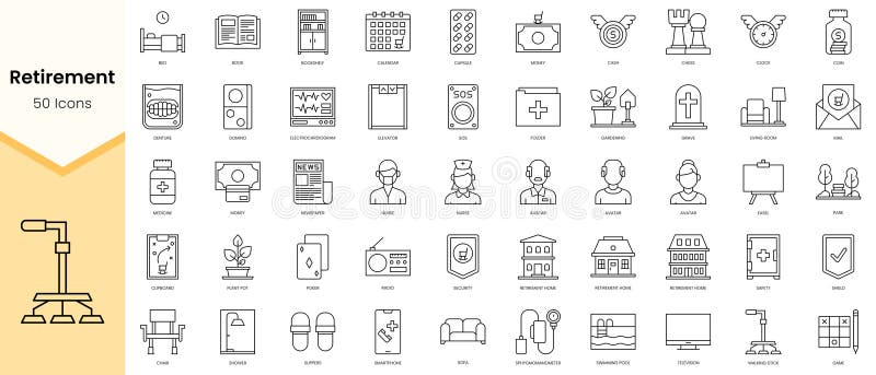 Simple Outline Set of Retirement Icons. Linear Style Icons Pack Stock ...