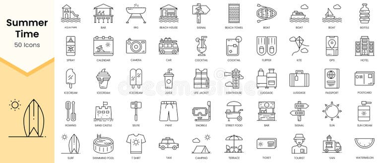 Simple Outline Set of Summertime Icons. Linear Style Icons Pack Stock ...