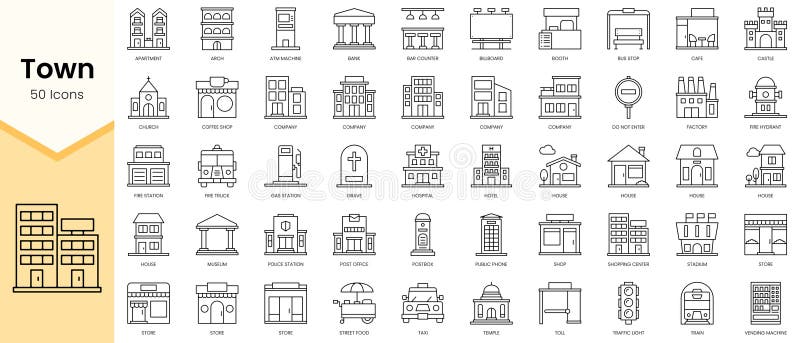 Simple Outline Set of Town Icons. Linear Style Icons Pack Stock Vector ...