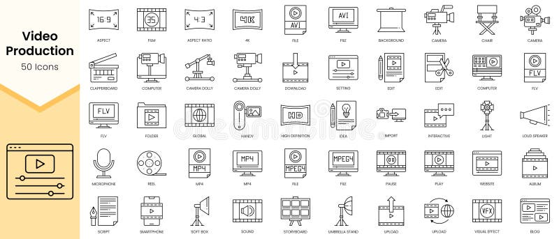 Simple Outline Set of Video Production Icons. Linear Style Icons Pack ...