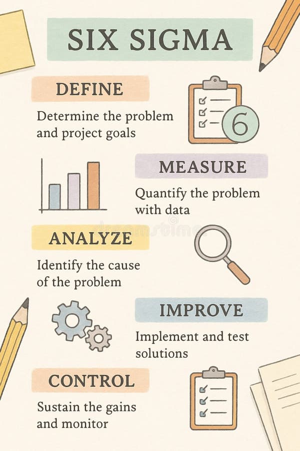 Simple Pastel-colored Infographic Displaying Six Sigma DMAIC Steps ...