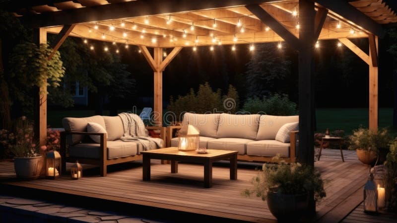 Simple Patio Furniture and String Lights Surrounded by Greenery at ...