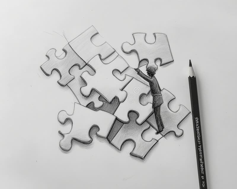 Simple Pencil Drawing of Person Assembling Puzzle Pieces, Showcasing ...