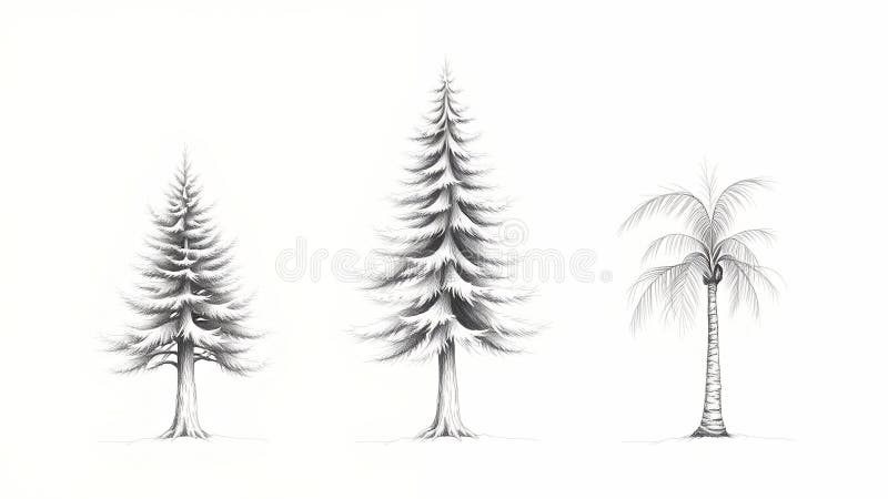 A Simple Pencil Drawing of Three Trees Two Pines and a Palm Stock ...