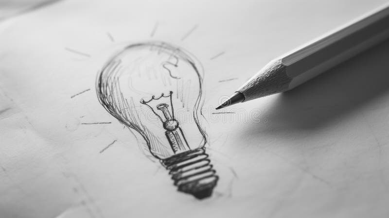 Simple Pencil Line Drawing of a Lightbulb with a Pencil. Creativity ...