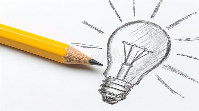 Simple Pencil Line Drawing of a Lightbulb with a Yellow Pencil ...