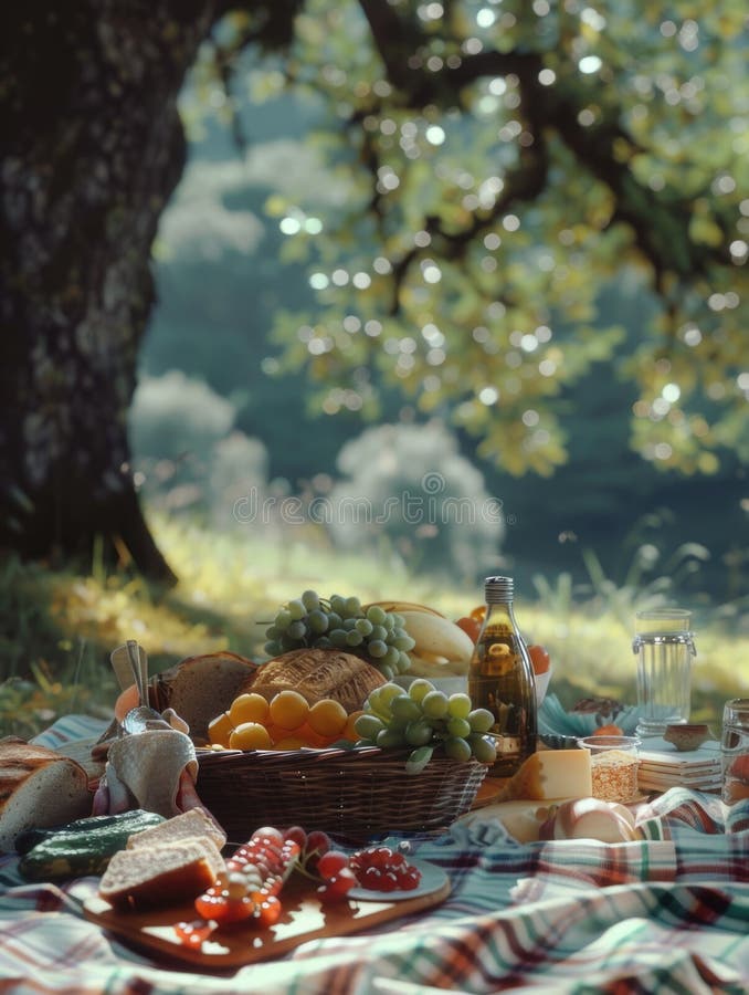 A Simple Picnic Scene with a Wicker Basket Filled with Fresh Fruit and ...