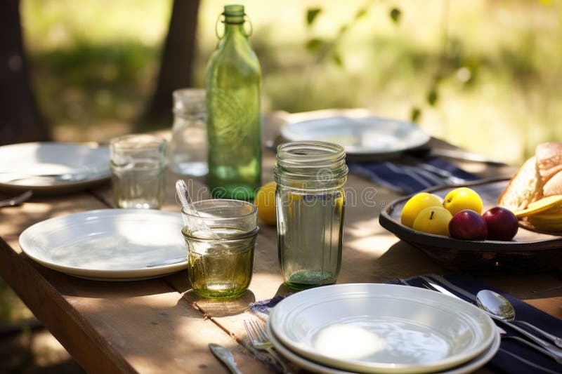 A Simple Picnic Table Setting with Plates, Silverware and Glasses Stock ...