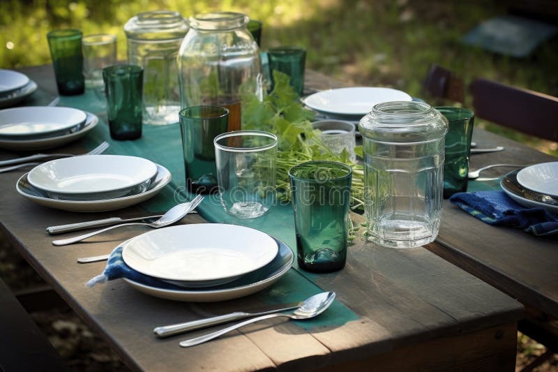 A Simple Picnic Table Setting with Plates, Silverware and Glasses Stock ...