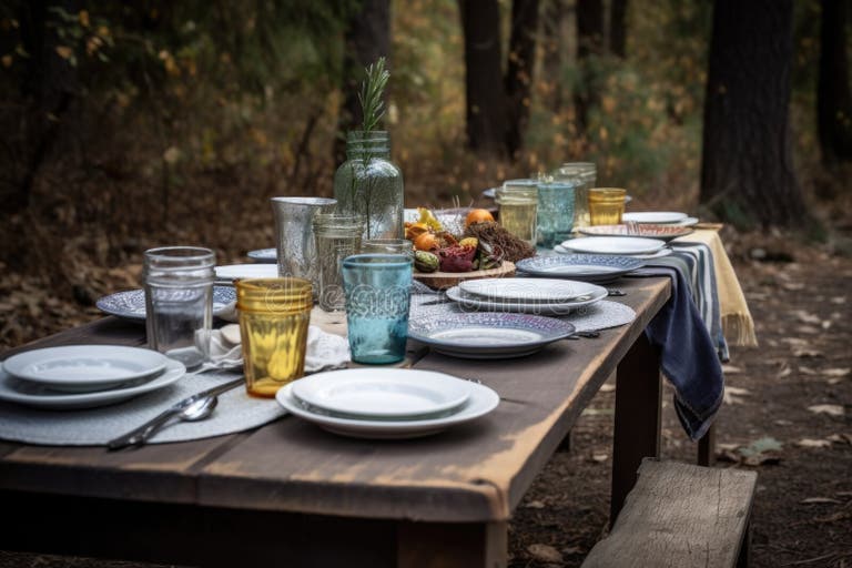 A Simple Picnic Table Setting with Plates, Silverware and Glasses Stock ...