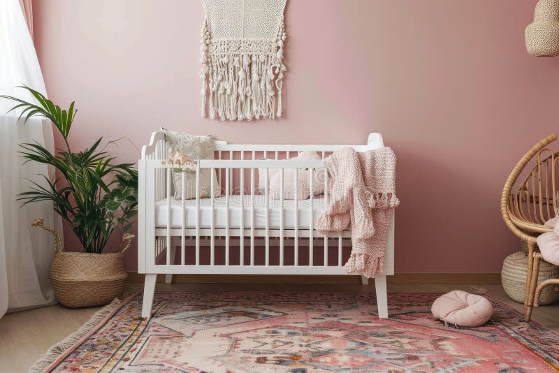 Simple, Pink Baby Bedroom with Cot and Rug Stock Illustration ...