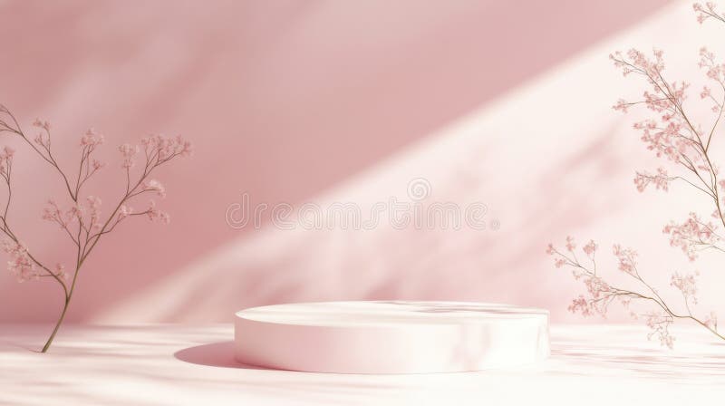 Simple Pink Background with Circular Pedestal and Delicate Flowers in ...