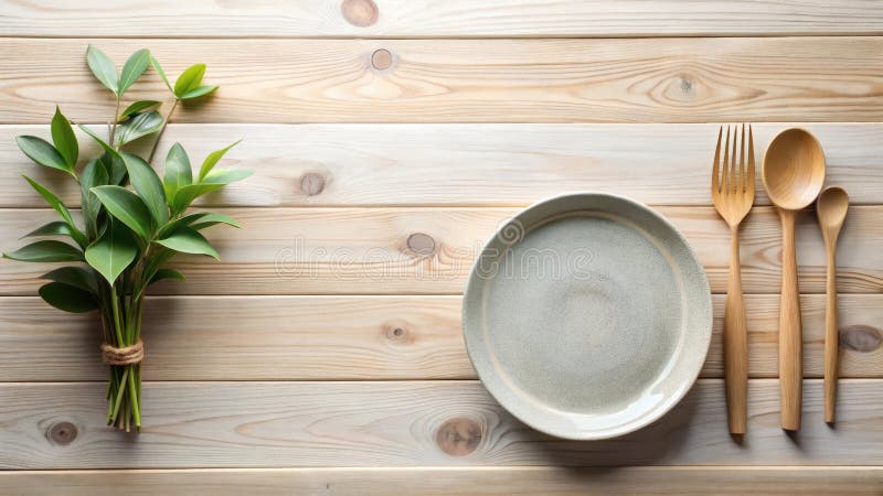 A Simple Place Setting with Natural Elements on a Light Wood Background ...