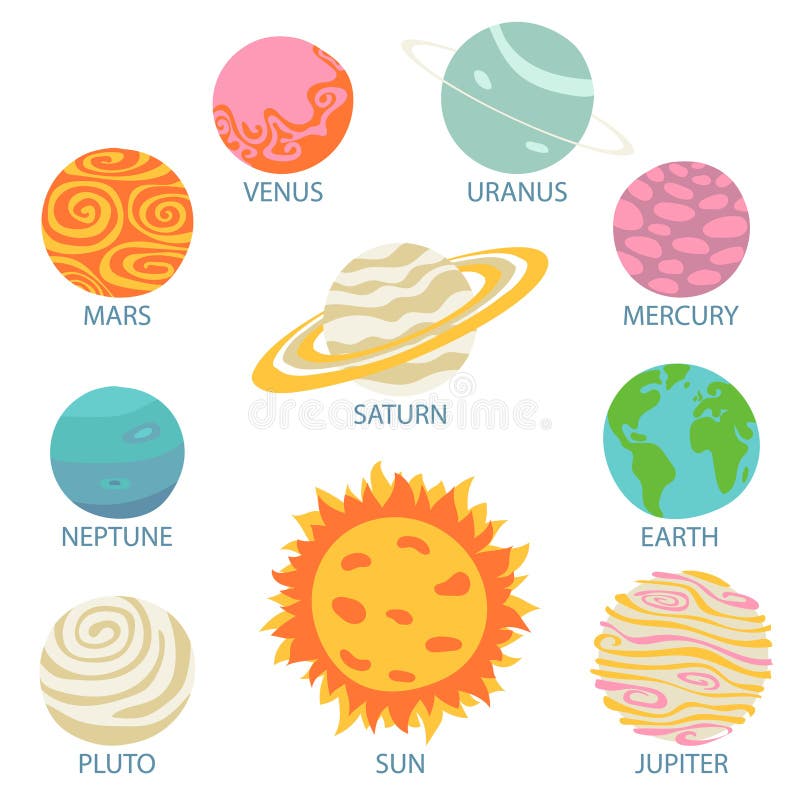 Simple Planets of Solar System and Sun. Adorable Celestial Bodies in ...