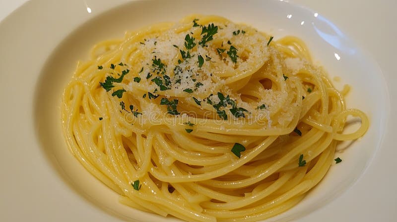 A Simple Plate of Spaghetti Aglio E Olio Garnished with Parsley and ...