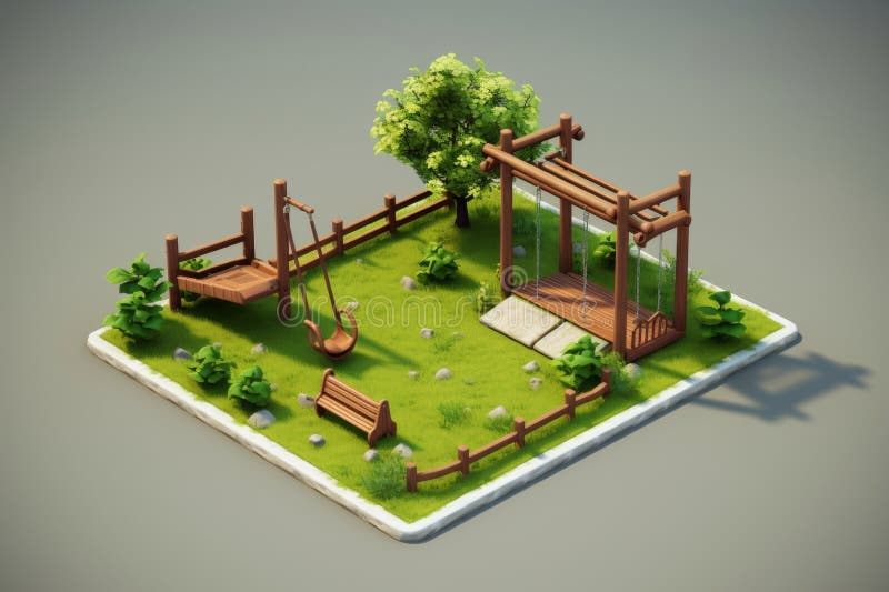 Simple Playground Scene Featuring a Swing, Slide, and Colorful Grass in ...