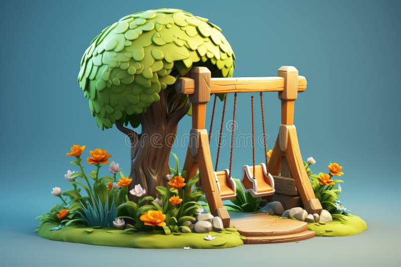 Simple Playground Scene Featuring Swing and Slide with Grass, Red Swing ...