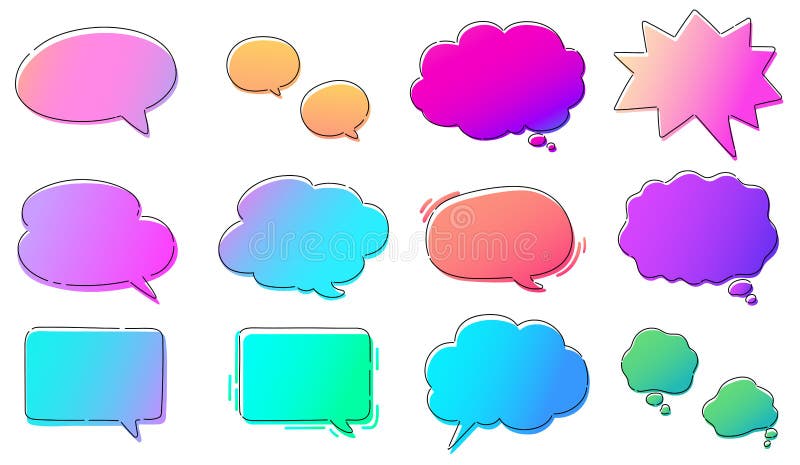 Simple and Pop Hand Drawn Gradient Colored Speech Bubbles with Outlines ...