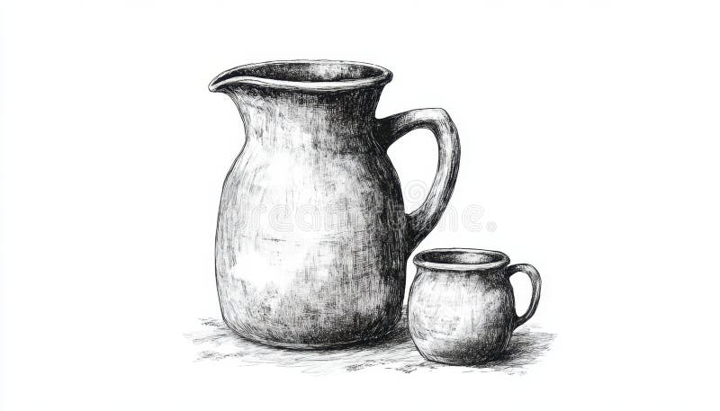 Simple Pottery Pitcher and Cup in Monochrome Sketch Style on White ...