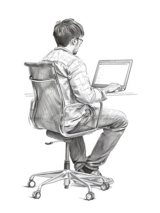 A Simple Yet Powerful Pencil Drawing Depicting A Man Engrossed In Work On His Laptop Symbolizing