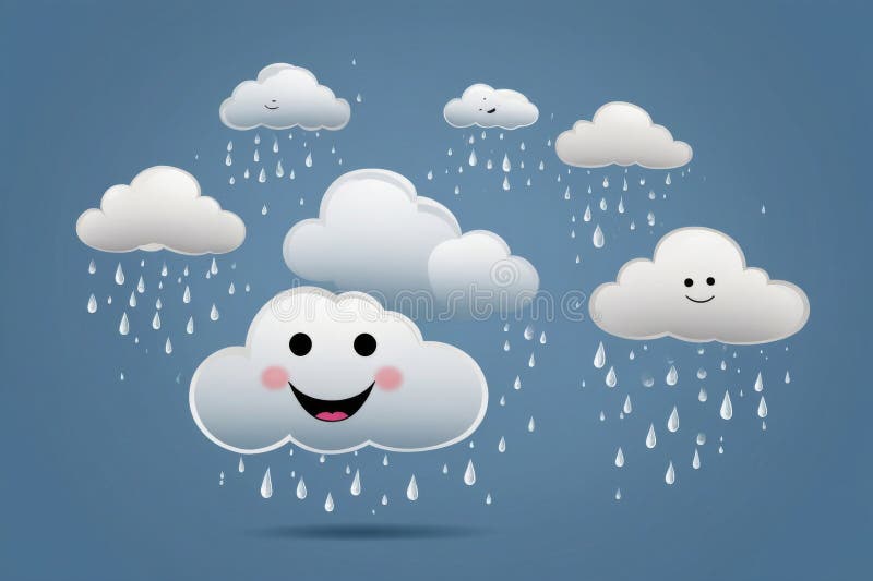 Simple Rainy Cloud with a Smiley Face, Blue Rain Falling from it Stock ...
