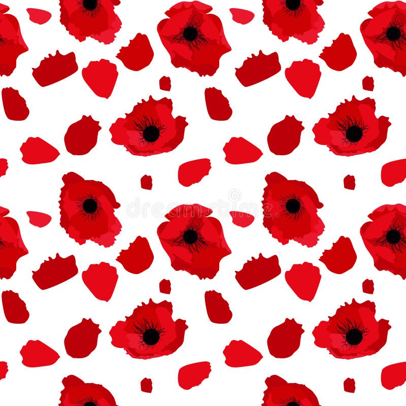 Simple Red Flower Poppy with Petals on White, Seamless Pattern. Vector ...